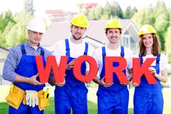 Group Of Workmen And Women With A Banner Stock Photo - Image: 40192590
