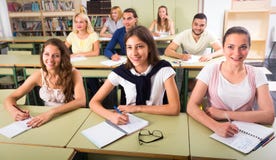 Happy Students In College Classroom Stock Image - Image of learning ...