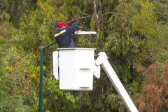 Electrician Fixing Street Light Bulbs And Climbing On A Ladder Stock ...