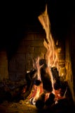 Roaring Fire In Fireplace With Logs And Flames Stock Image - Image of ...