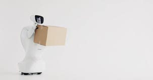 Humanoid Autonomous Robot With Cardboard Box In Hand. Cybernetic System ...