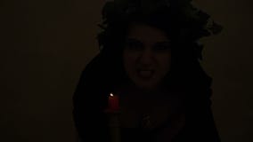 Exorcism Of Witch With Evil Sneer Possessed By A Demon Dressed In Black ...