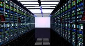 Terminal Monitor In Server Room With Server Racks In Datacenter ...