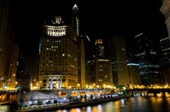 Chicago City Night View - From A Bridge Over The Chicago River Stock ...
