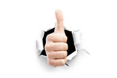 Hand Break Through The Paper With Thumb Up Stock Image - Image of wall ...