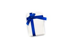 White Textured Gift Box With Blue Ribbon Bow Stock Photo - Image of ...