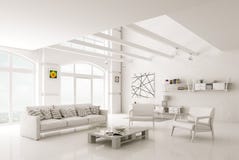 Interior Of Modern White Living Room Rendering Stock Image - Image ...