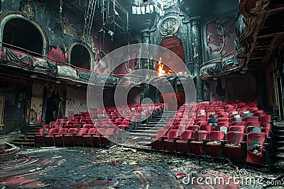 Abandoned Theater With Rows Of Seats And A Broken Stage, Filled With ...
