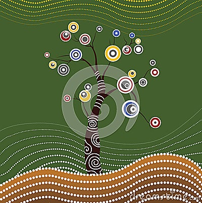 Tree On The Hill, Aboriginal Tree, Aboriginal Art Vector Painting With ...
