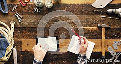 Above Architect, Planning and Writing with Tools, Tablet or Notebook ...