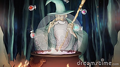 Abstract Animation of an Old Wizard Making a Potion Above Boiling Pot ...