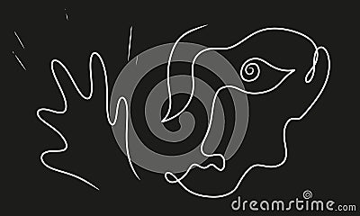 Abstract Hand Drawn Distorted Face Of Human With Hand Sign. White Line ...