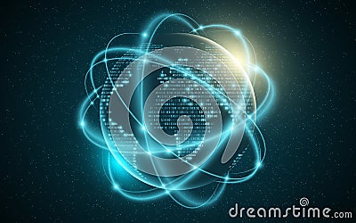 Abstract Planet Earth. World Map From Binary Code. Glowing, Blurry Neon Lines. Abstract ...