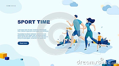 Sport Time Page Concept. Running Man, Woman And Children. Happy Family ...