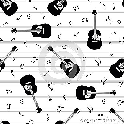Acoustic Guitar And Music Notes Vector Seamless Pattern Background ...