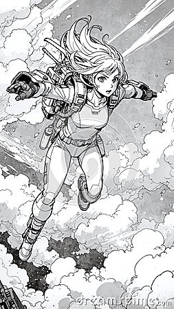 Action-packed Scene Of An Anime Girl With A Jetpack Soaring Above ...
