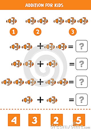 Addition For Kids With Cute Cartoon Clownfish Vector Illustration ...