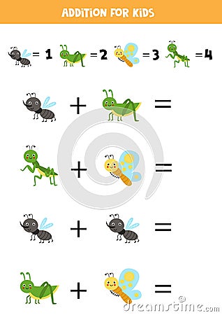 Addition For Kids With Cute Cartoon Insects. Vector Illustration ...