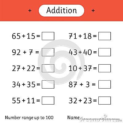 Addition. Number Range Up To 100. Math Worksheet For Kids. Developing ...