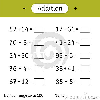 Addition. Number Range Up To 100. Math Worksheet For Kids. Solve ...