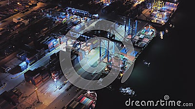 AERIAL Container Ships are in the Port at the Quay Wall at Night Stock ...