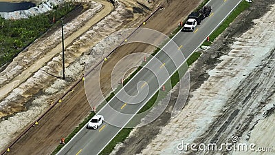 Aerial View of American Highway Under Construction with Moving Traffic ...