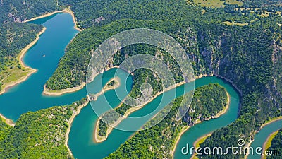 Aerial View Blue Bendy River Flowing through the Forest with Green ...