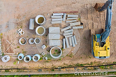 Aerial View With Construction Drainage System On Concrete Manholes Are ...