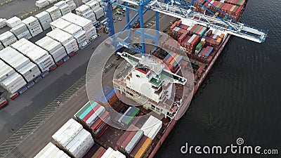 Aerial View of Gantry Crane Loading and Unloading Ship Stock Video ...