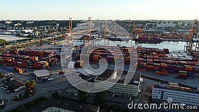 Aerial View of Modern Container Port Docks at Sunrise. Harbor and ...