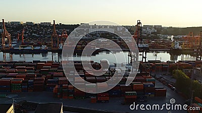 Aerial View of Modern Container Port Docks at Sunrise. Harbor and ...