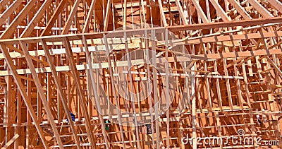 An Aerial View of a New Construction with a Timber Frame Beam Framework ...