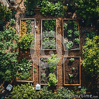 Aerial View Of A Rectangular Garden Plot With Mulch And Rows Of Plants ...