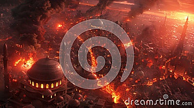 Aerial View Of War Torn Earth Devastated Cities, Explosions, Fires, And ...