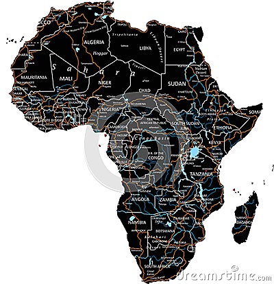 High Detailed Africa Road Map With Labeling - Black. Cartoon Vector ...