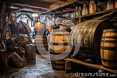 Aged Whiskey Barrels With A Glimpse Of The Distillation Process In The ...