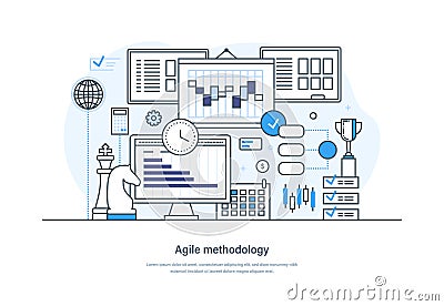Agile Methodology, Project Management And Software Development Web Banner. Agile Scrum Lifecycle ...