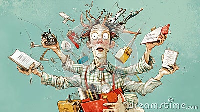 Individual With Multiple Hands Overwhelmed With Multitasking Various ...