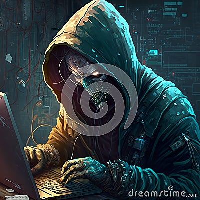 AI Generated Illustration Of An Evil Hacker In A Scary Mask Working On ...