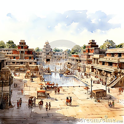 Central Plaza With An Aztec Market And Bustling Activity Illustration ...