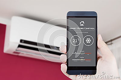 Air Conditioner Remote Control With Smart Home System. Stock Photo ...