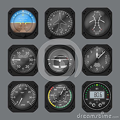 Aircraft Indicators Control Panel Set Realistic Vector Illustration ...