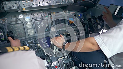Airplane Interior. Hand of Pilot Push Thrust Lever Handle for Engine ...