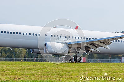 Airplane Landing On Runway Touchdown Close Up Side View Fuselage Stock ...