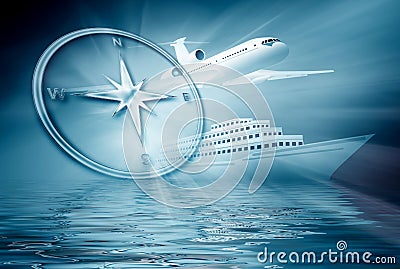 Airplane Ship Compass On Blue Background Royalty Free Stock Photo ...