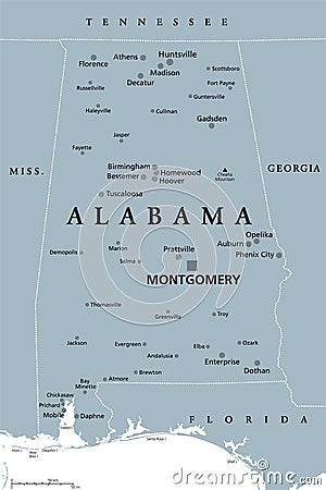 Alabama, AL, Gray Political Map, US State, The Yellowhammer State ...