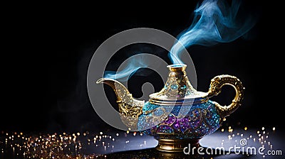 Aladdins Mysterious Lamp With Glowing Fire And Smoke On A Dark Magical ...