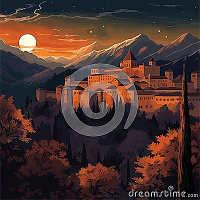 Alhambra Hand-drawn Comic Illustration. Alhambra. Vector Doodle Style ...