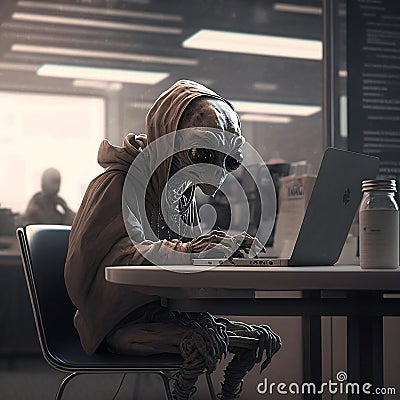 Alien Hacker Sitting At A Cafe On Their Laptop. Ai Generated. Royalty ...