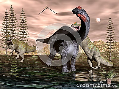 Allosaurus Attacking Apatosaurus Dinosaur - 3D Stock Photo ...